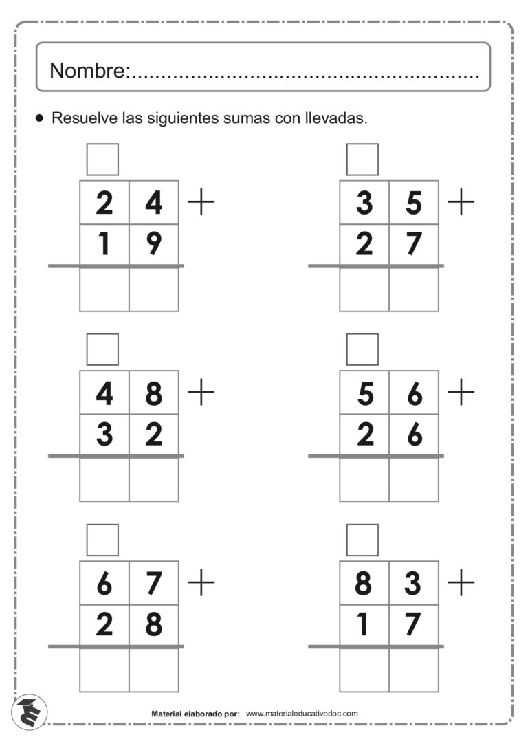 Ejercicios de Sumas con llevadas cuaderno de repaso y refuerzo