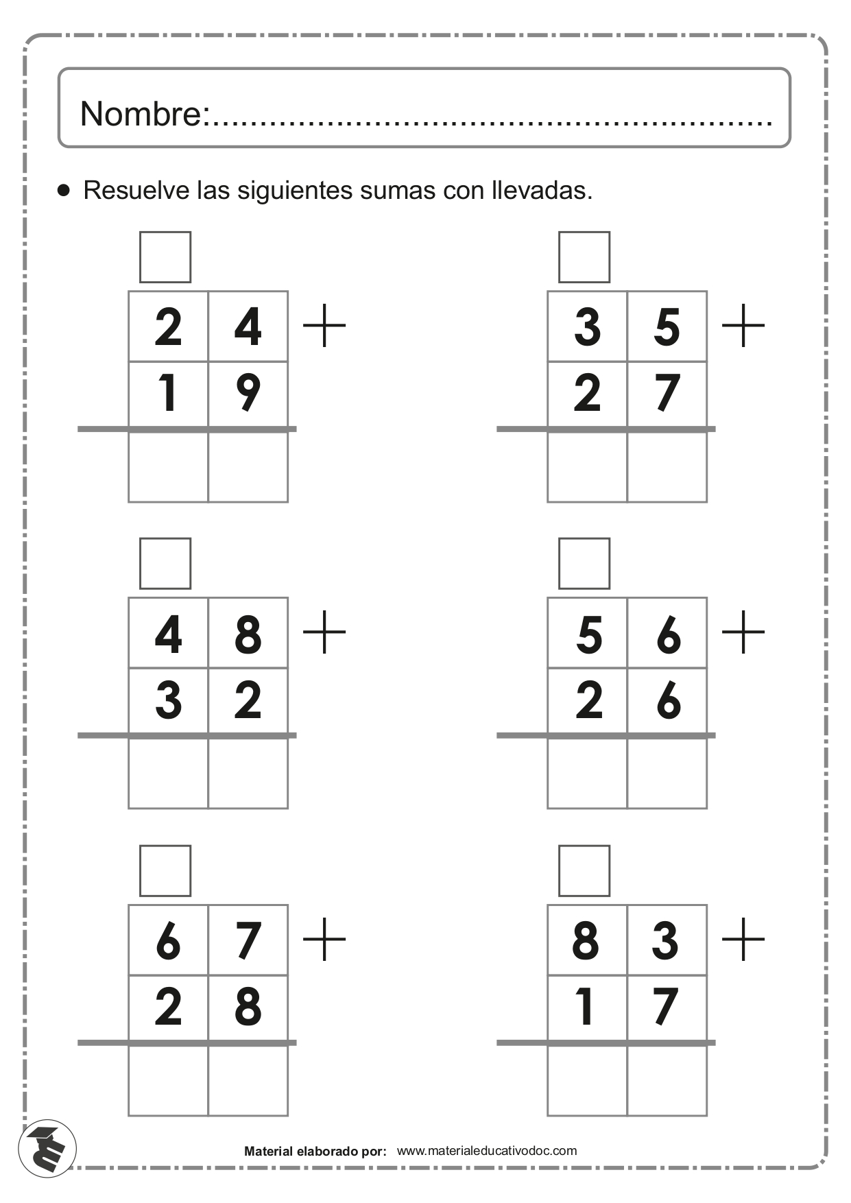 Ejercicios de Sumas con llevadas cuaderno de repaso y refuerzo