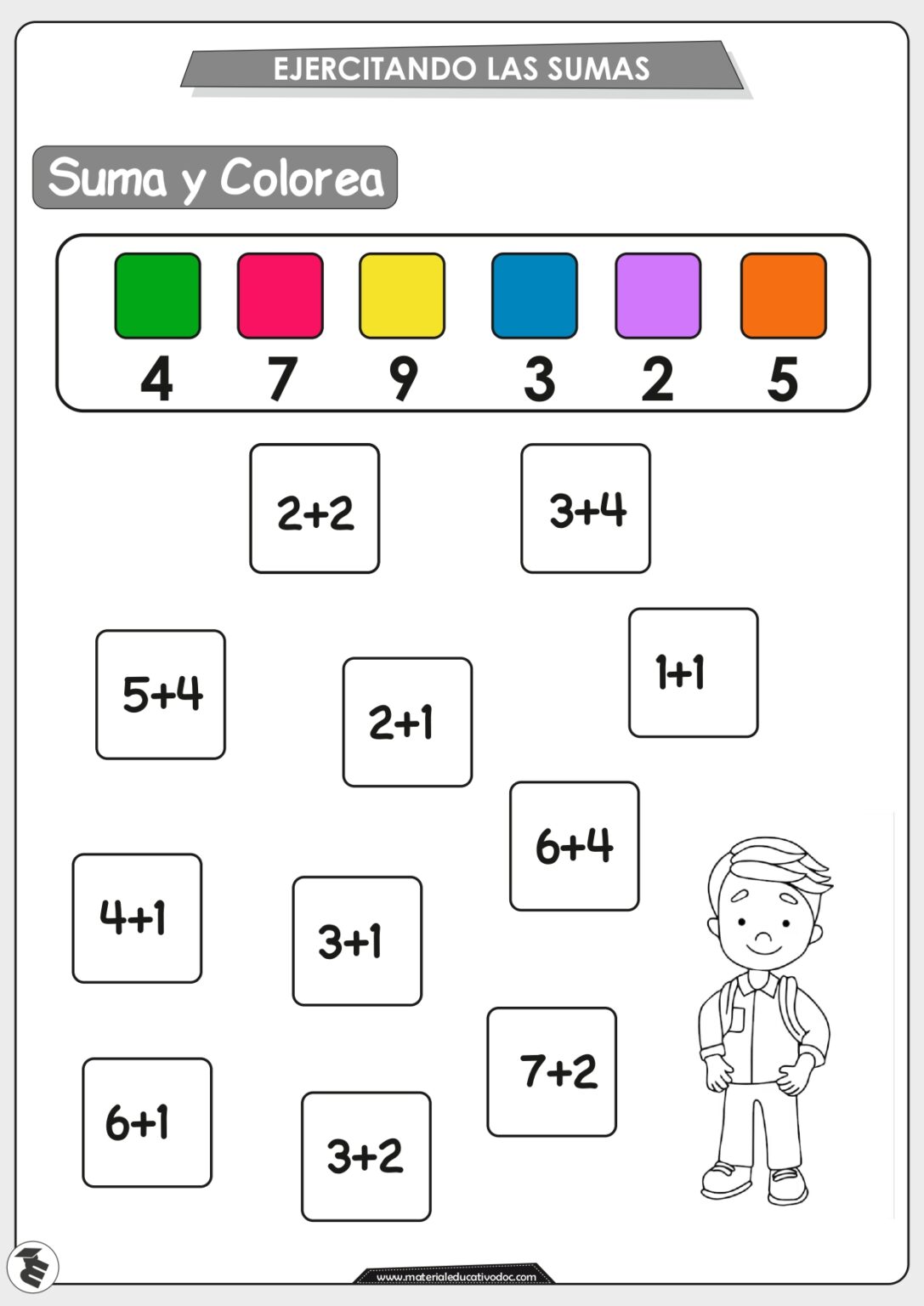 Ejercicios para sumar y colorear con números del 1 al 20